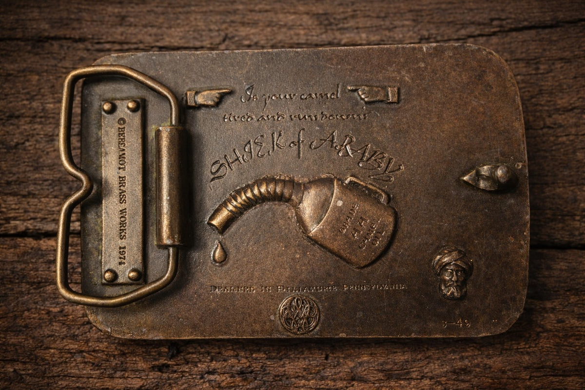 "Sheik of Araby" Bergamot Brass Works belt buckle (1977) – Buckle Up and Go